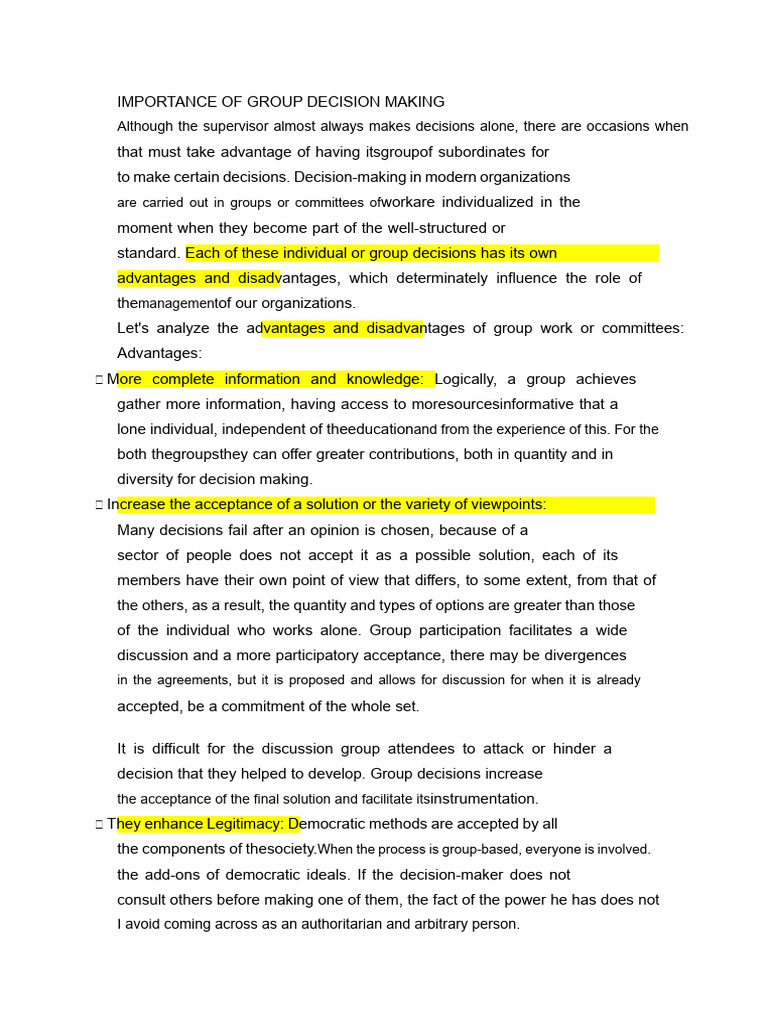 Benefits and Drawbacks of Group Decisions | PDF | Decision Making ...