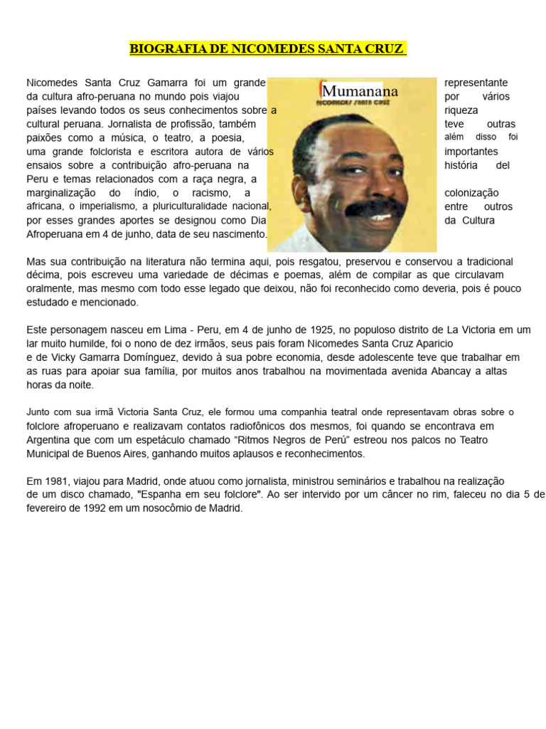 Biografia de Nicomedes Santa Cruz | PDF | Peru