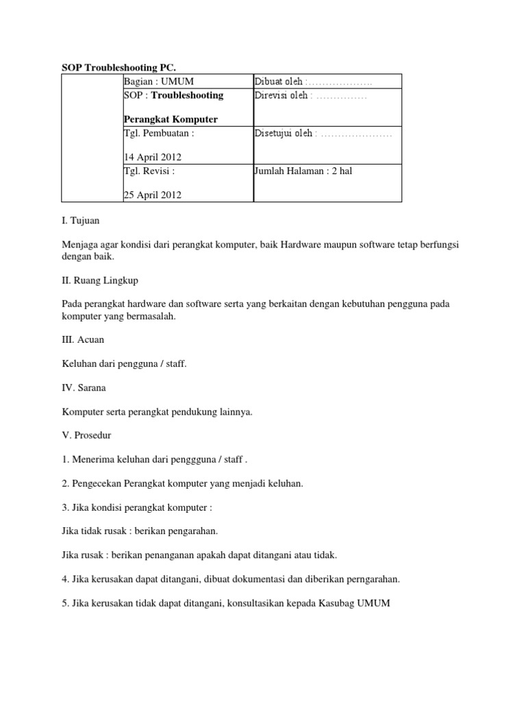 SOP Troubleshooting PC | PDF