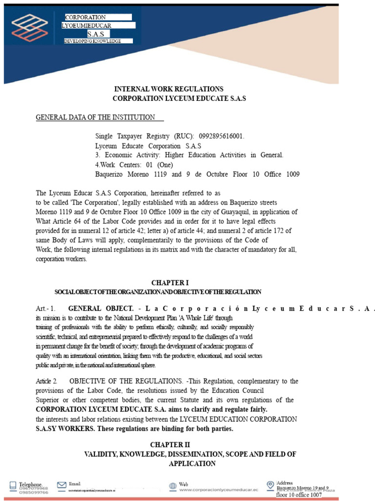 Internal Regulations of The Corporation Lyceum Educar S.A. | PDF ...