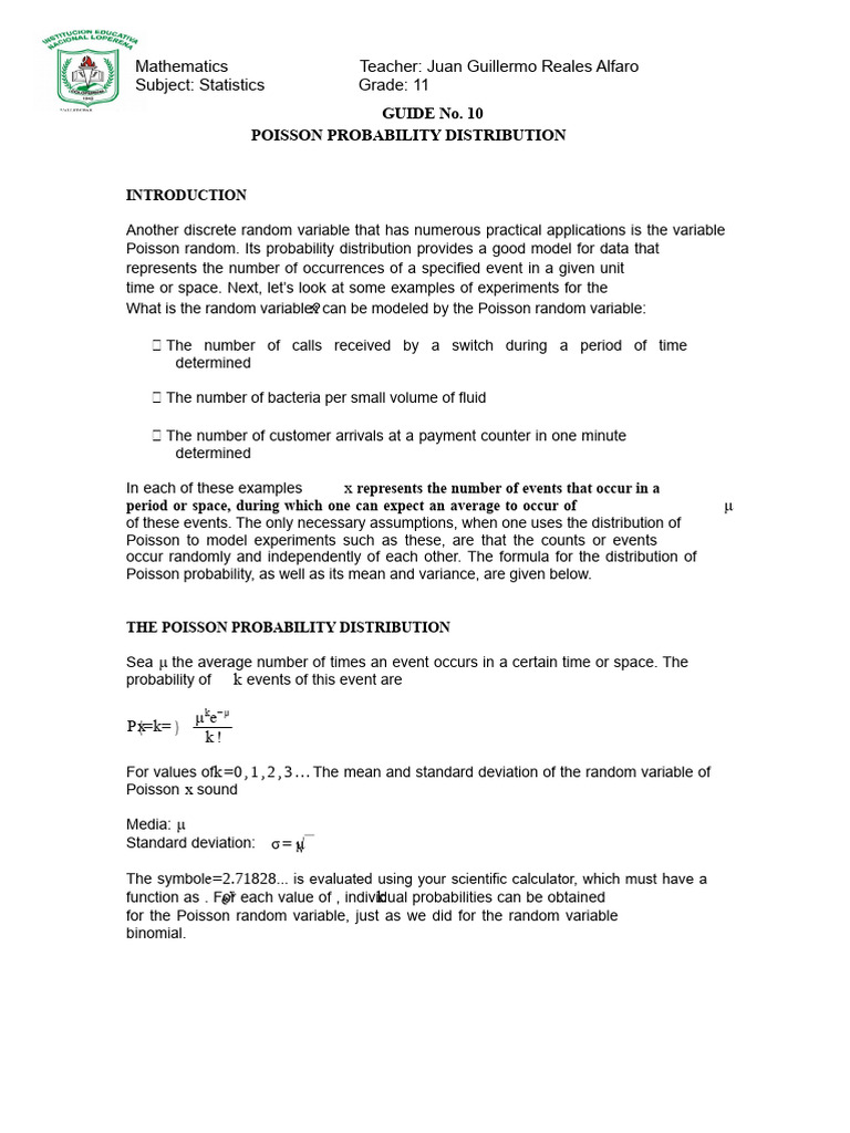 Guide No. 10 Poisson Distribution | PDF | Probability Distribution ...