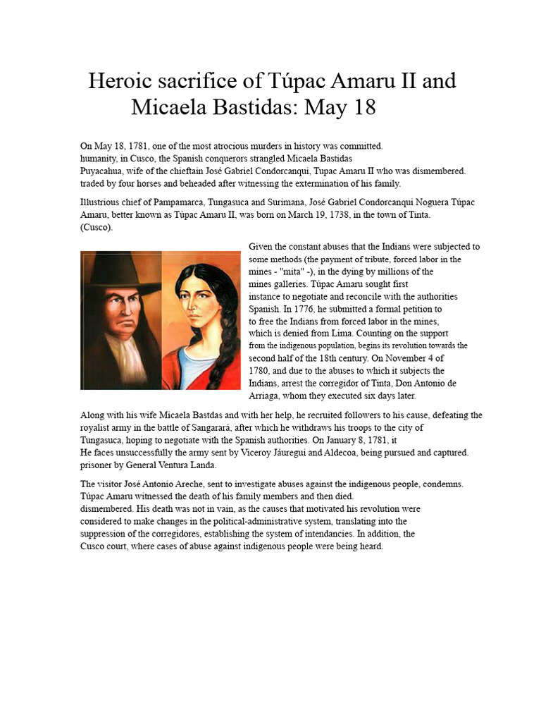 Heroic Sacrifice of Túpac Amaru II and Micaela Bastidas | PDF ...