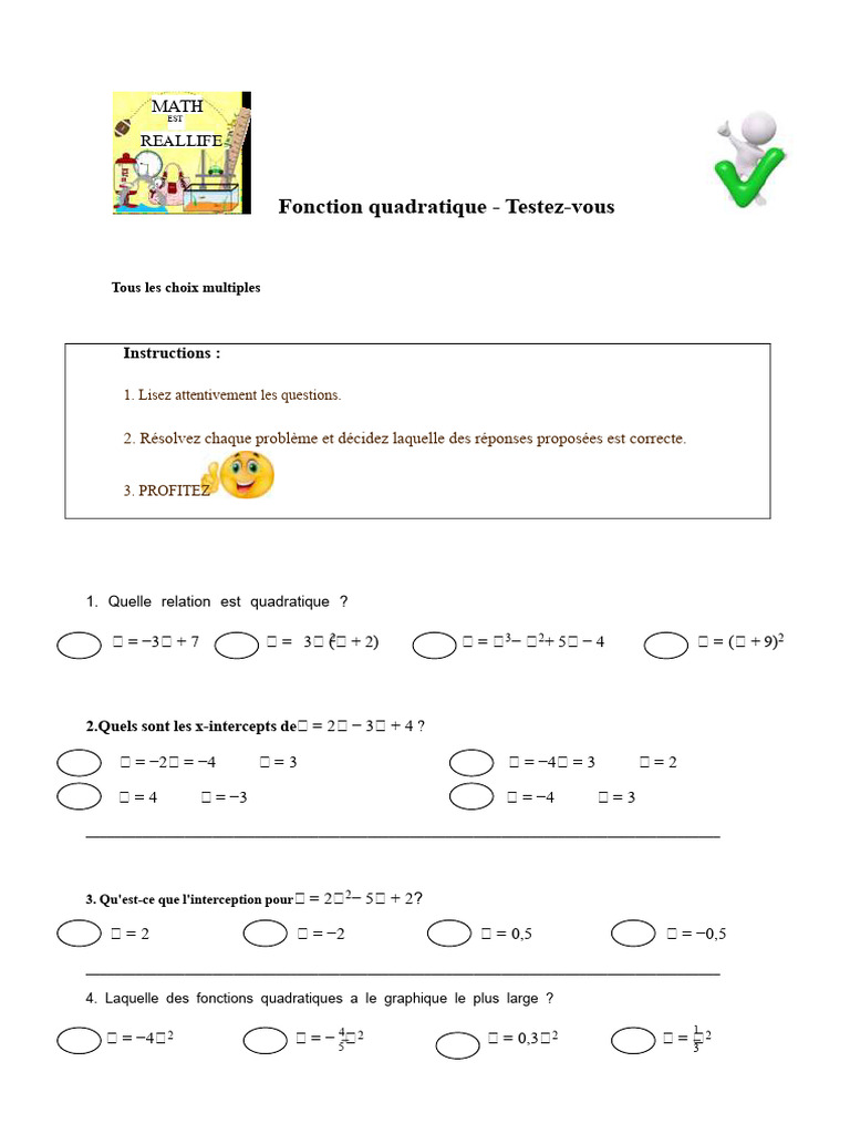 Test sur les fonctions quadratiques | PDF | Mathématiques