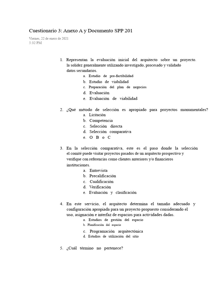 SPP Doc 200 - 209 Quiz - Sin Respuesta | PDF | Arquitecto | Diseño