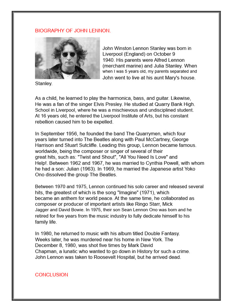 Biography of John Lennon | PDF | John Lennon | The Beatles