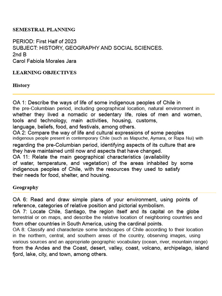 2023 Semestral Planning: History & Geography | PDF | Thought | Chile