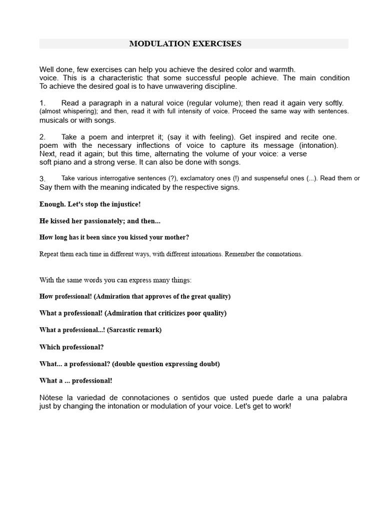 Modulation Exercises | PDF | Human Voice | Breathing