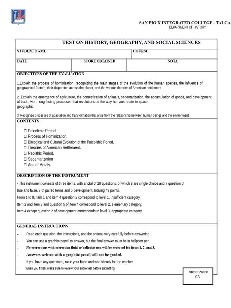 PALEOLITHIC AND NEOLITHIC TEST 7th Grade | PDF
