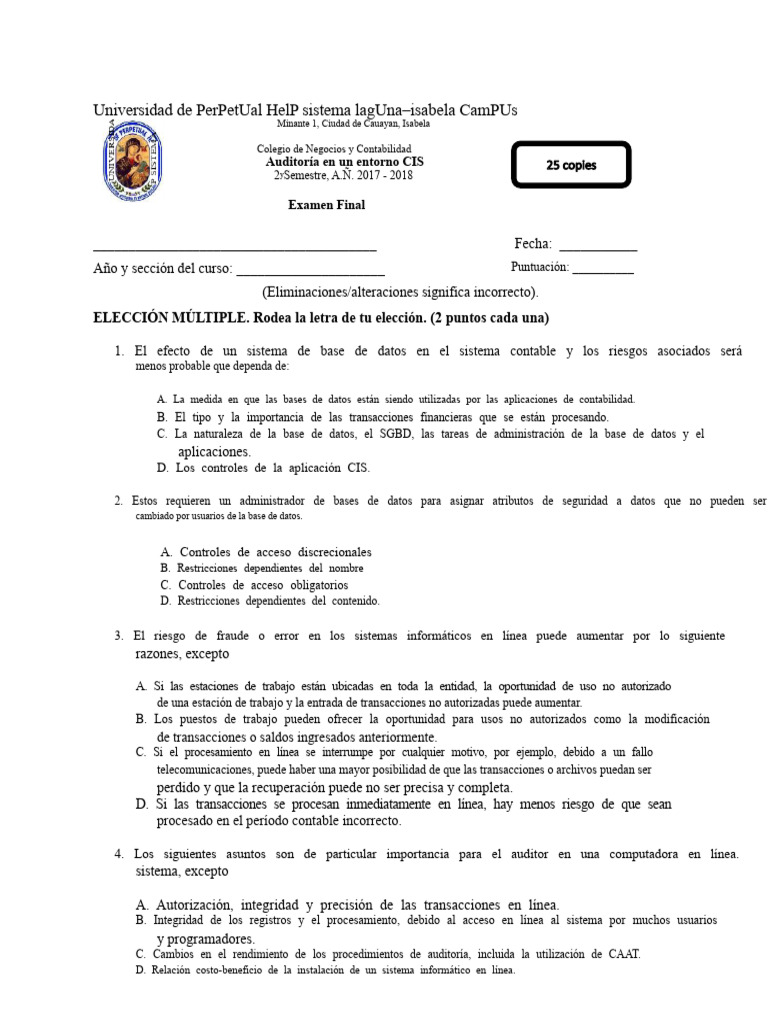 Aud. en Cis Env. Examen Final 2do Sem Ay2017-18 (Sam) | PDF | Internet | Informática
