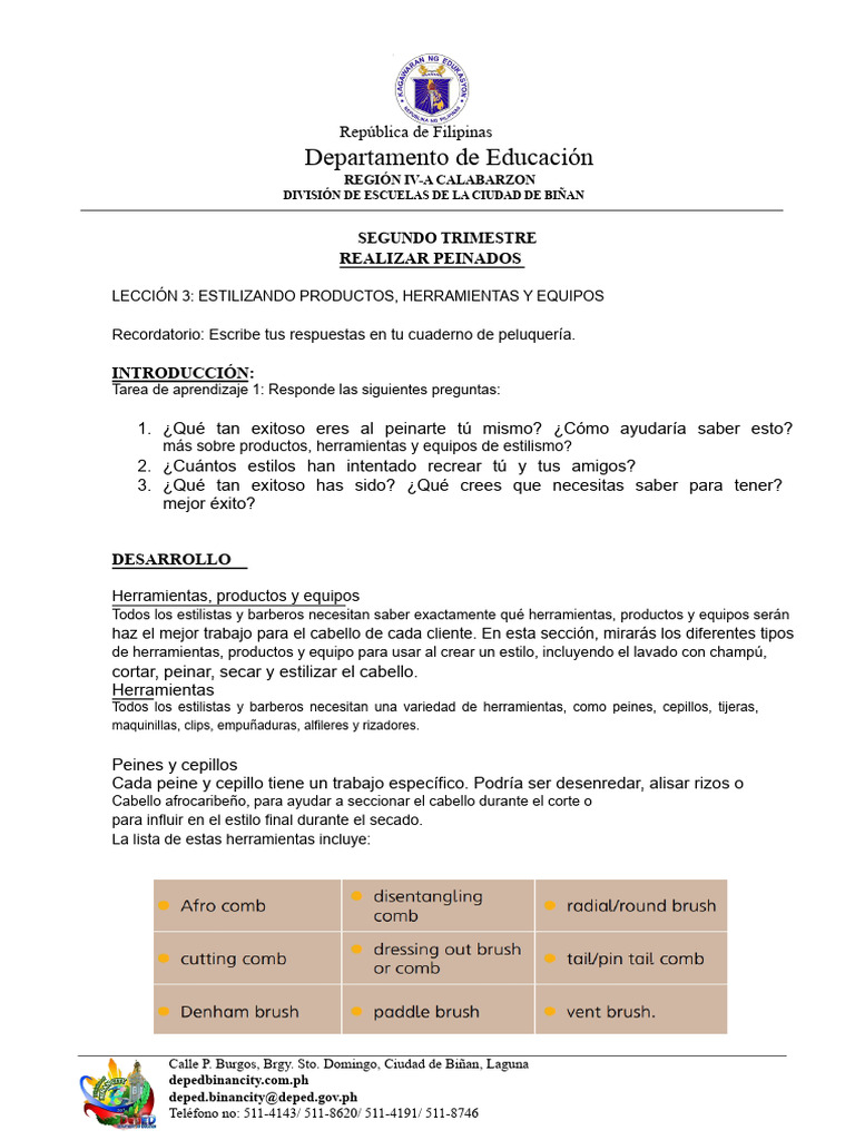 HOJA DE TRABAJO DE PEINADO LECCIÓN 3 Herramientas, Productos y Equipos ...