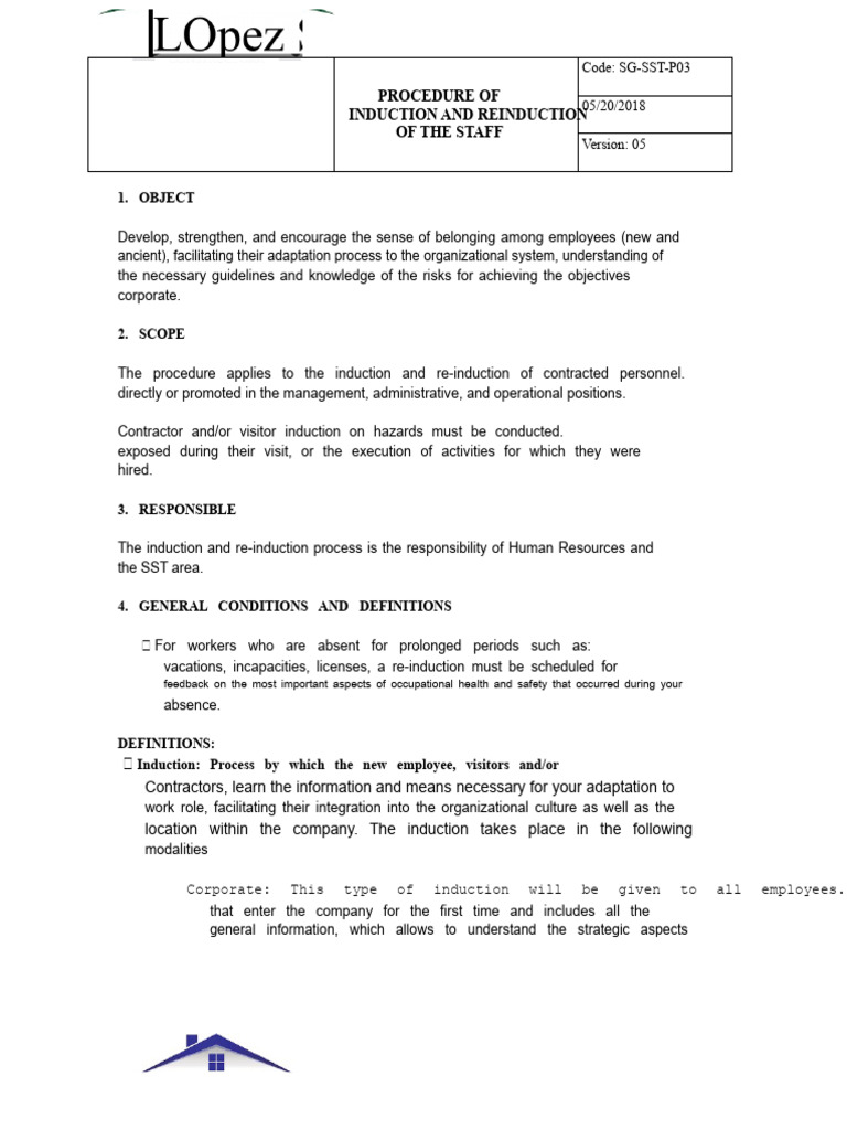 Induction and Re-Induction Procedure Constructora Lopez S.A.S | PDF ...