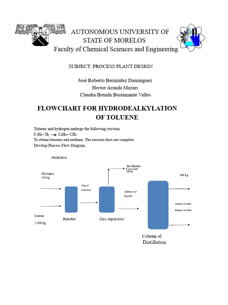 Flow Diagram For The Hydrodealkylation of Toluene | PDF | Chemical ...