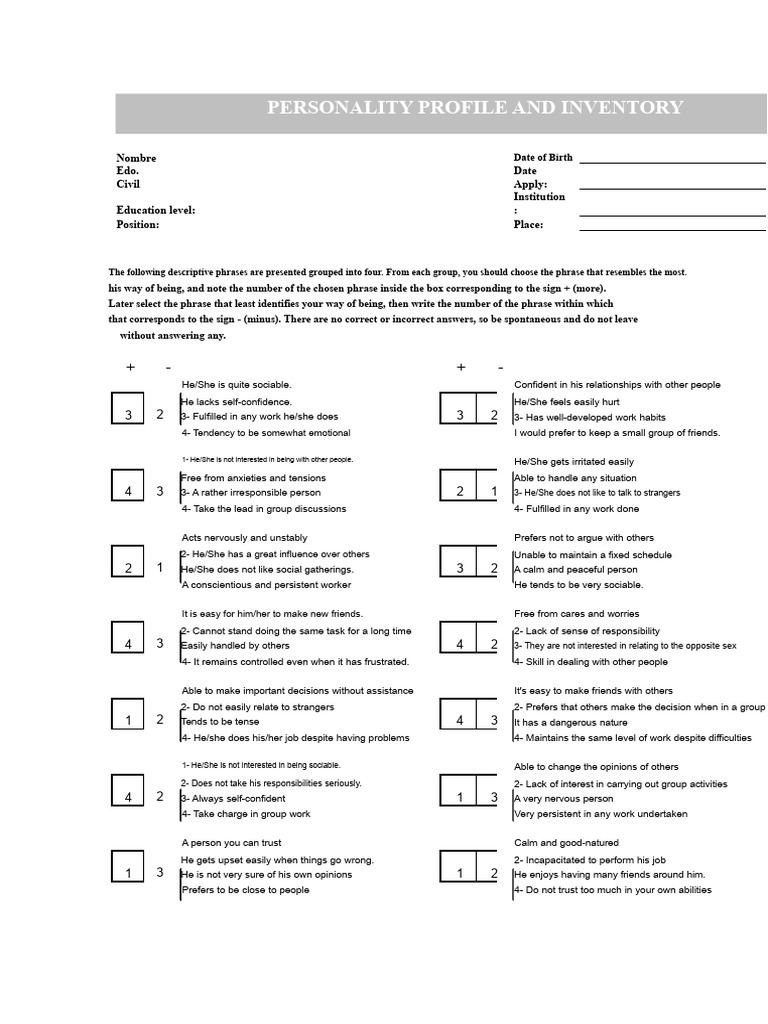 Gordon Test Booklet Personality Profile and Inventory | PDF ...