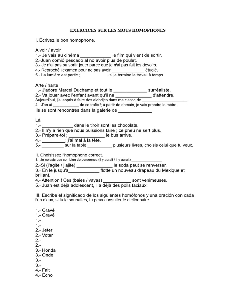 Exercices sur les mots homophones | PDF