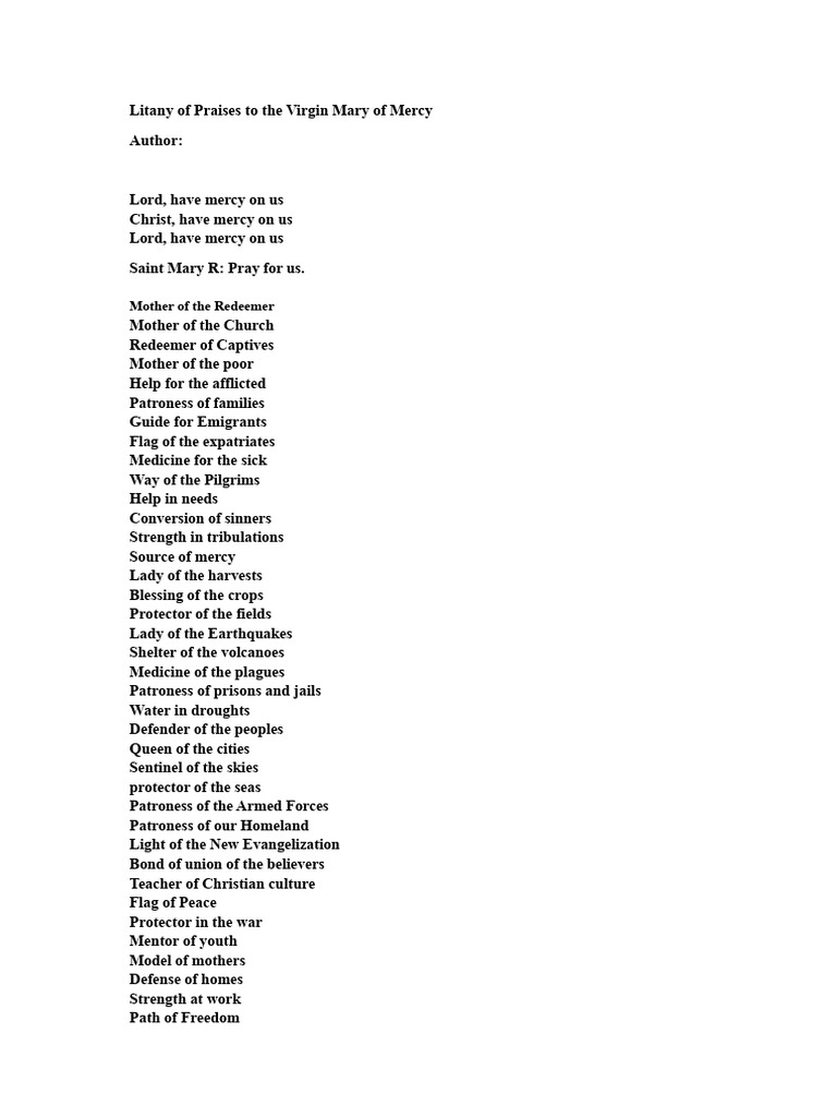 Litany of Praises To Our Lady of Mercy | PDF | Mercy | Mary, Mother Of ...