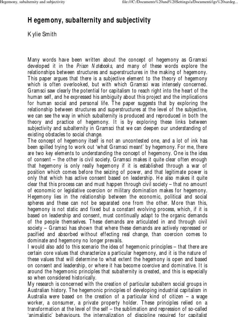 Hegemony, Subalternity and Subjectivity: Kylie Smith | PDF | Antonio ...