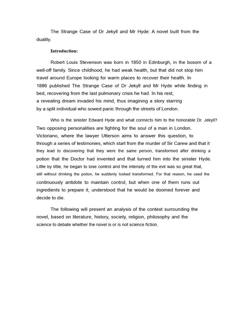 Forum DR Jekyll and MR Hyde Analysis of The Context | PDF | Strange ...