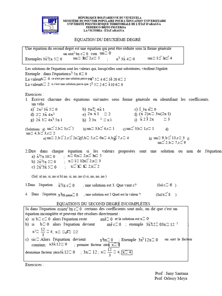 Équations du Second Degré : Concepts et Exercices | PDF | Équation du ...