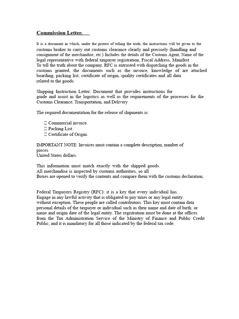 Letter of Commission | PDF | Customs | Invoice