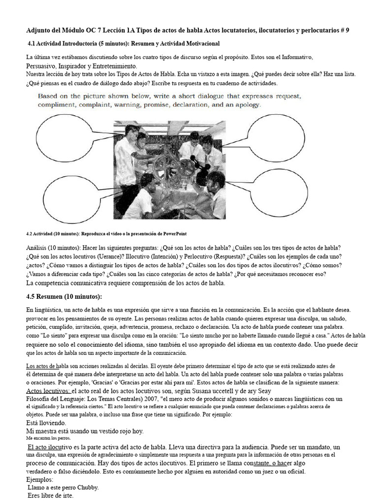 Plan de Lección Detallado OC Módulo 7 Lección 1 ACTOS DE HABLA A&B ...