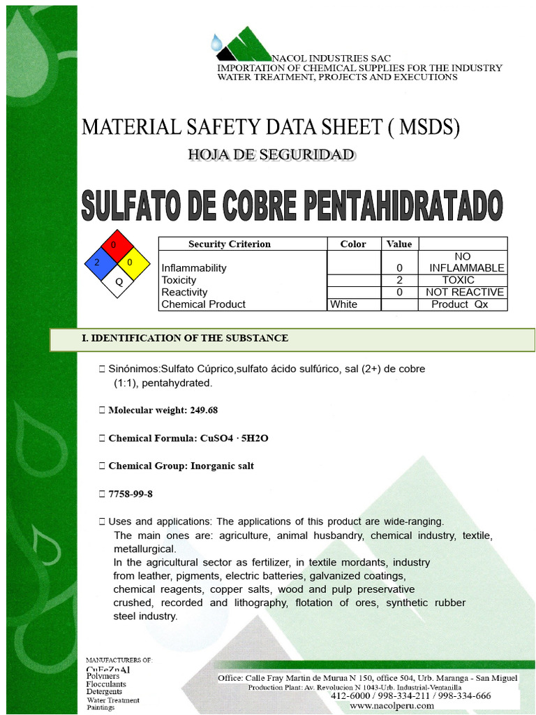 MSDS of Copper Sulfate | PDF | Toxicity | Water
