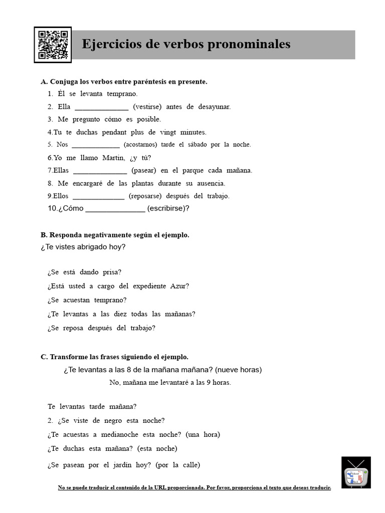 Ejercicios de verbos pronominales en presente | PDF