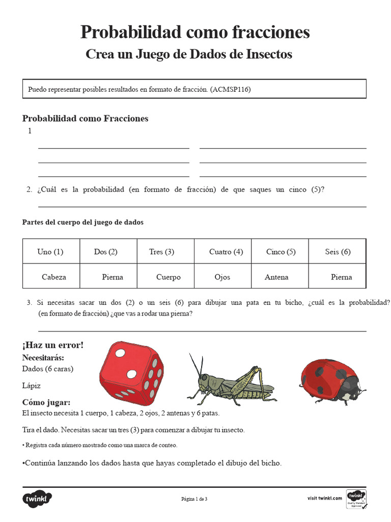 Probabilidad Como Fracción: Actividad Del Juego de Dados de Bichos | PDF