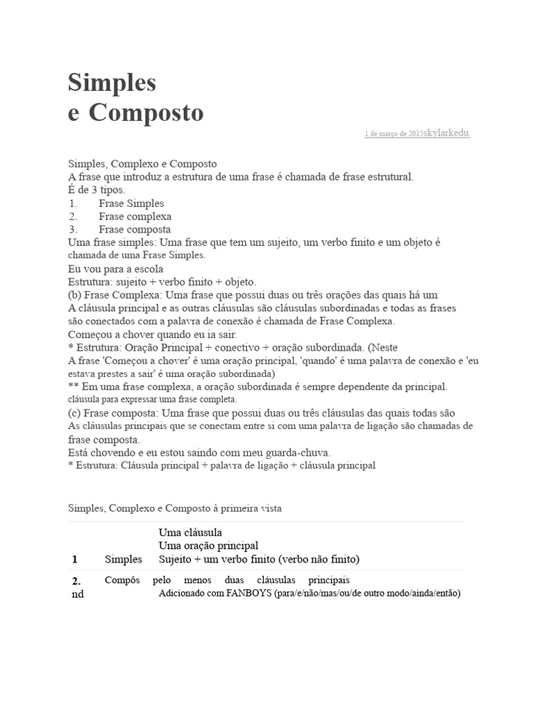 Estruturas de Frases: Simples, Complexo e Composto | PDF | Assunto ...