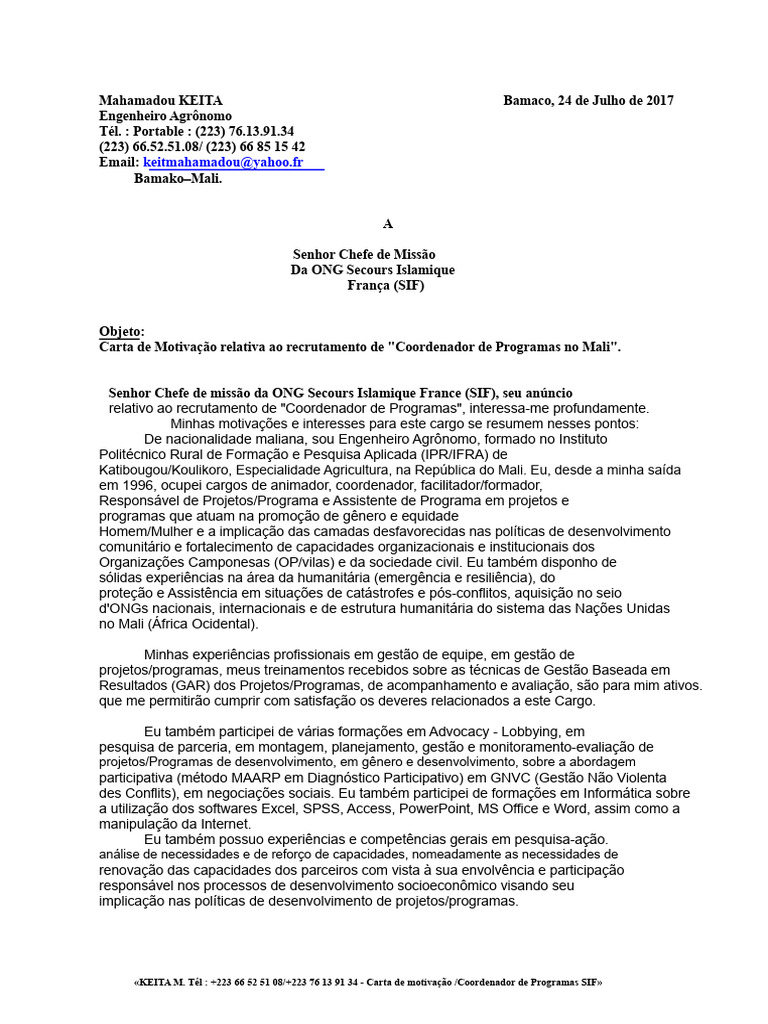 Carta de Motivação M KEITA Coordenador de Programas Sociais Islâmicos ...