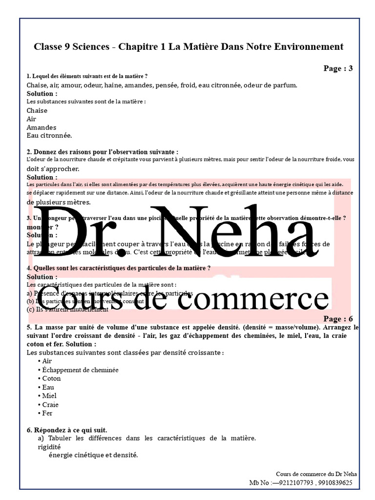 Classe 9 Sciences - Chapitre 1 La Matière Dans Notre Environnement PDF ...