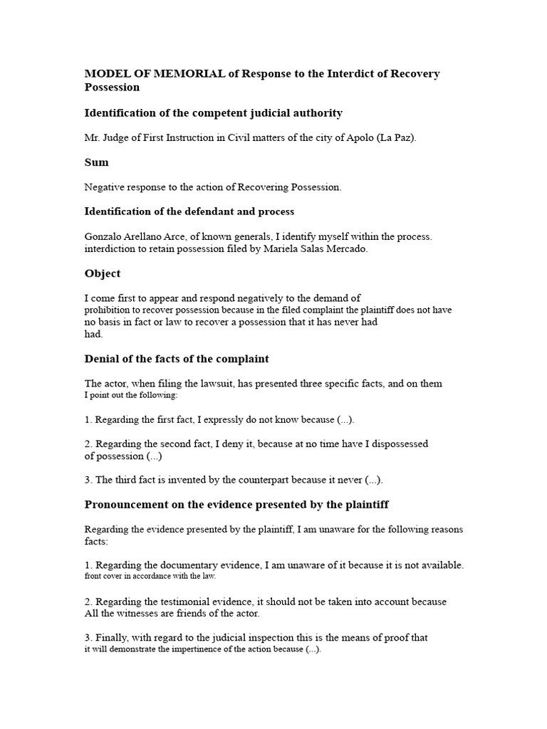 MODEL OF MEMORANDUM of Response To The Interdict of Recovering Possession | PDF | Lawsuit ...