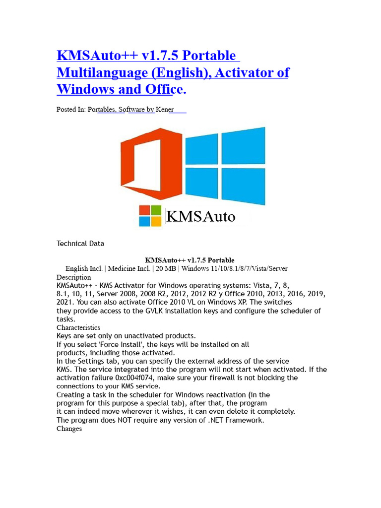 KMSAuto++ v1.7.5 Portable Multilanguage (English), Windows and Office ...