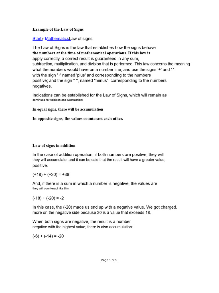 Example of The Law of Signs | PDF | Subtraction | Numbers