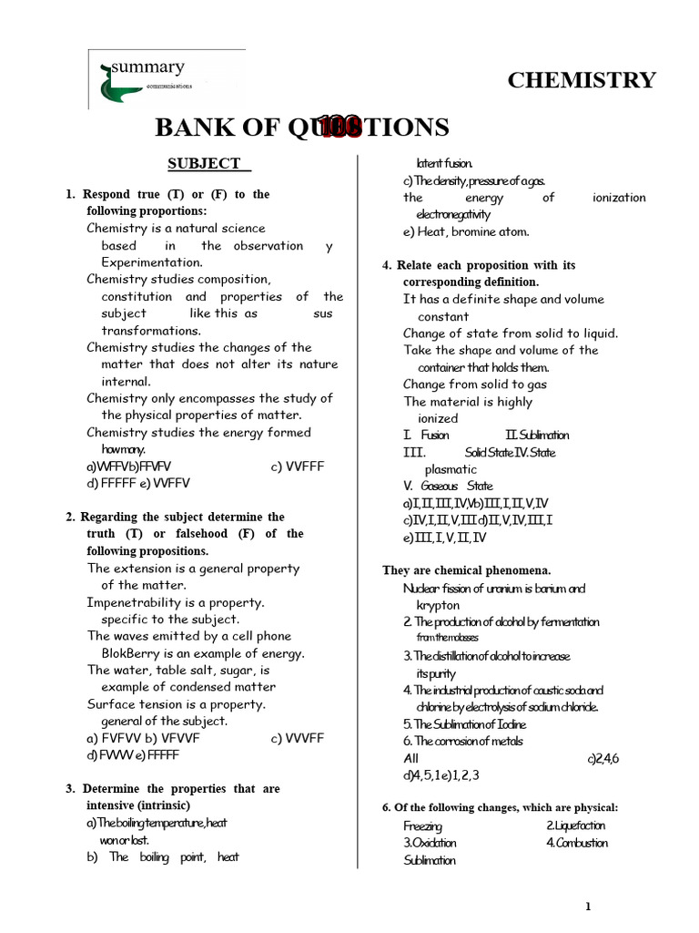 Bank of Chemistry Questions Corrected 5th Grade PDF | PDF | Hydroxide ...