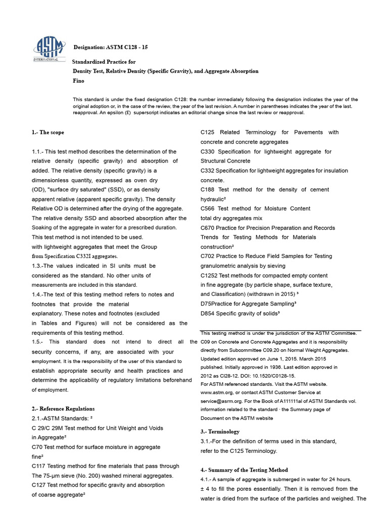 Astm C128 - 15 | PDF | Density | Concrete