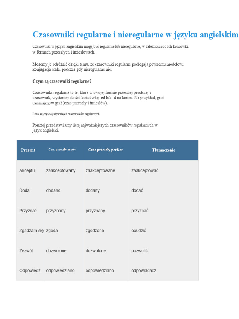Czasowniki Regularne I Nieregularne W Języku Angielskim | PDF