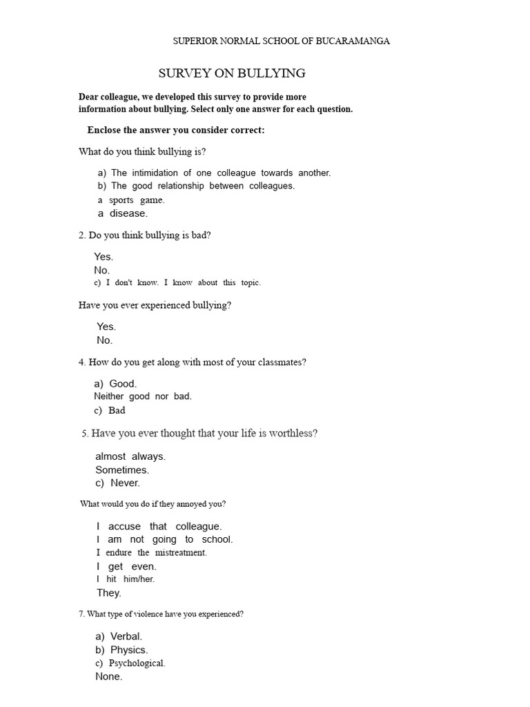 Survey On Bullying | PDF | Bullying | Psychological Abuse