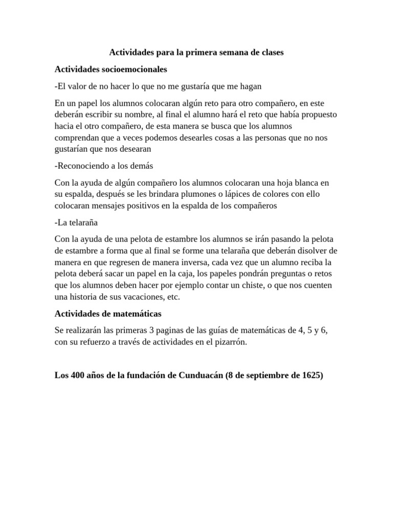 Actividades para La Primera Semana de Clases | PDF