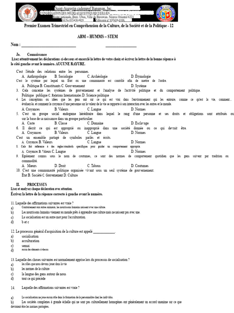 Examen Trimestriel : Culture et Société | PDF | Socialisation | Rôle de ...