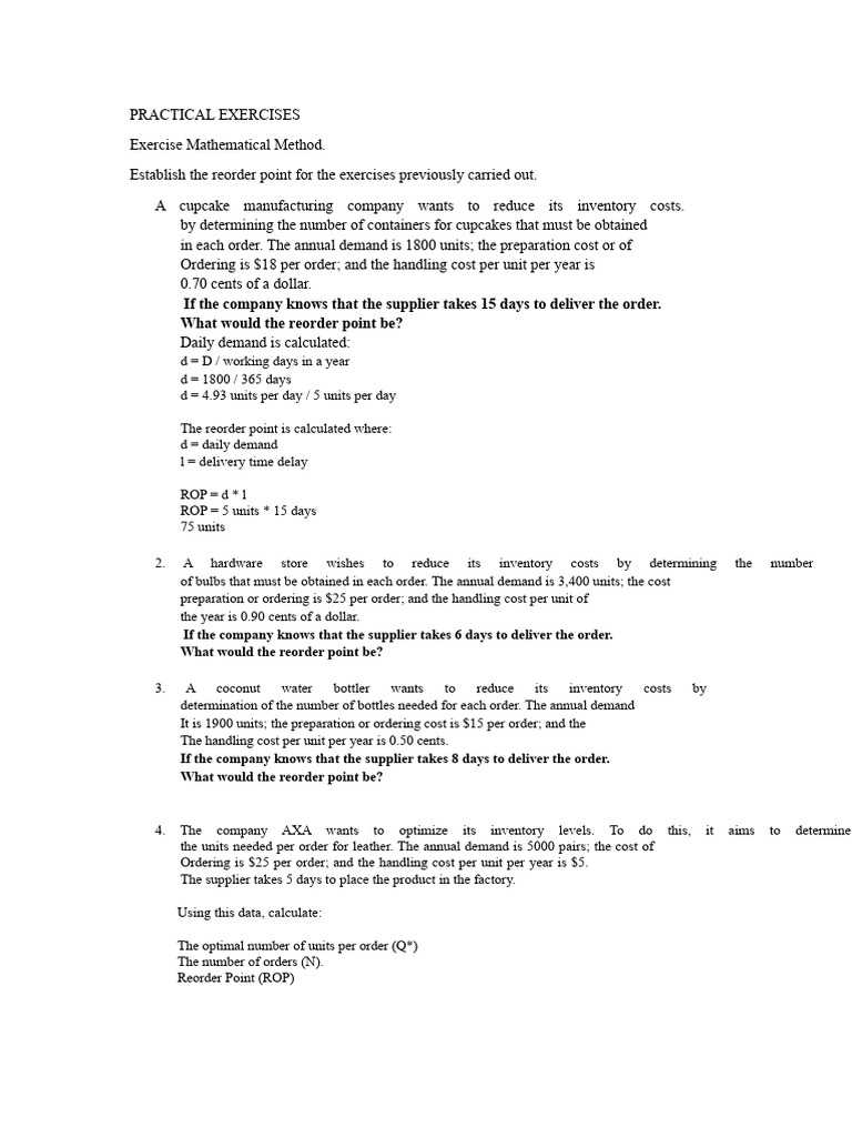 Practical Exercises - Basic Inventory Models Eoq - Reorder Point | PDF | Inventory | Supply ...