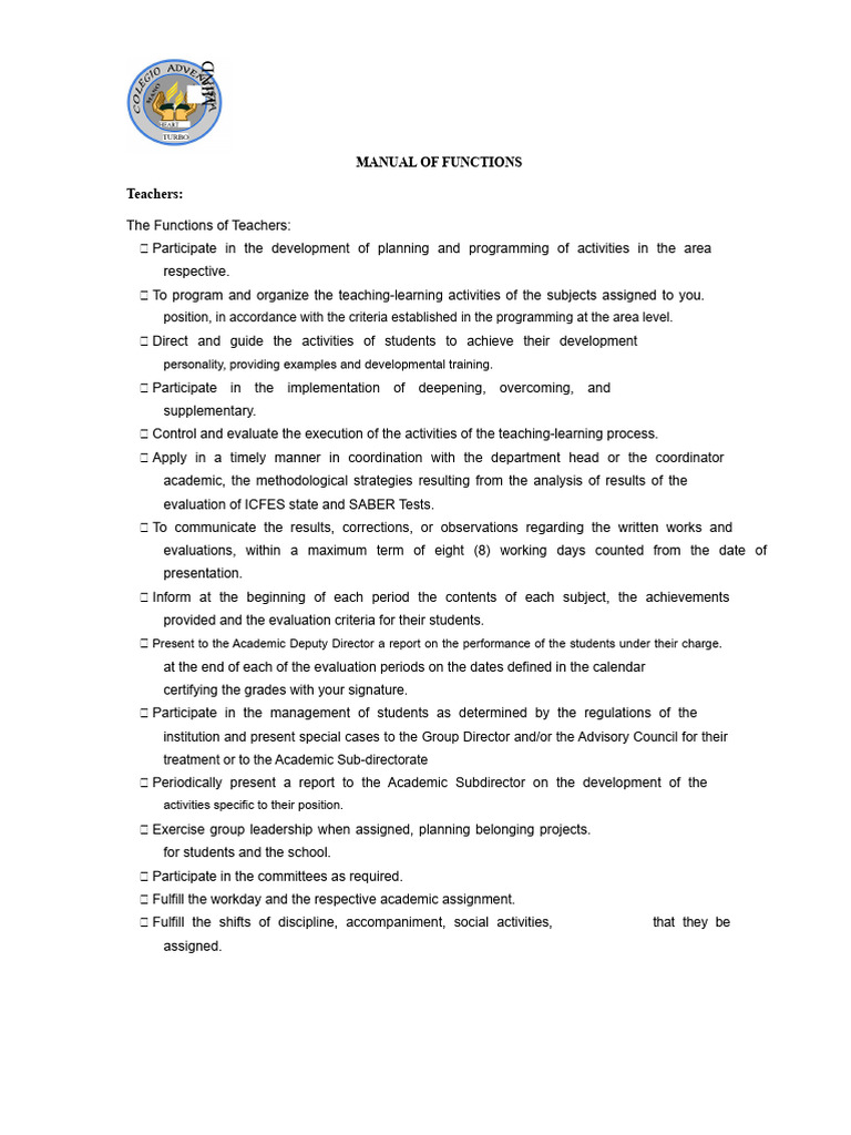Teacher Functions and Responsibilities Manual | PDF | Teachers ...