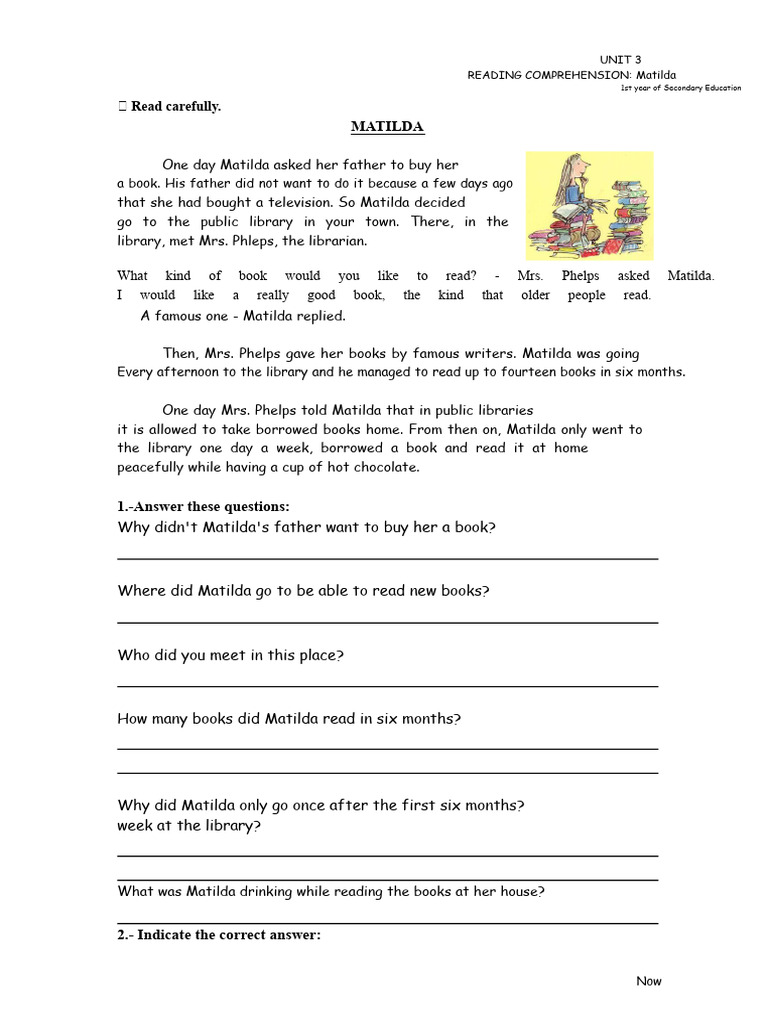 Matilda Reading Comprehension Exercise | PDF