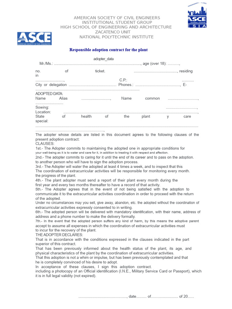 Plant Adoption Contract Template | PDF | Identity Document