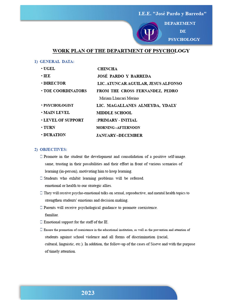 2023 Psychology Department Work Plan | PDF | Teachers | Psychology