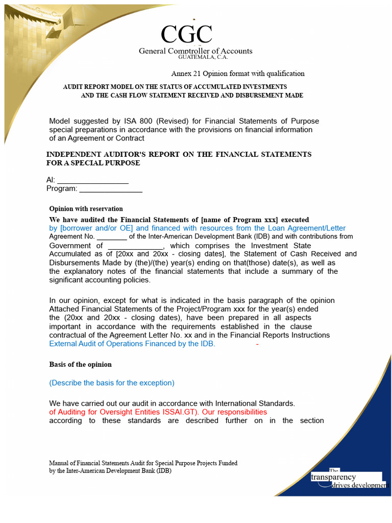 Annex 21. Format For Opinion Report With Qualification | PDF | Audit ...