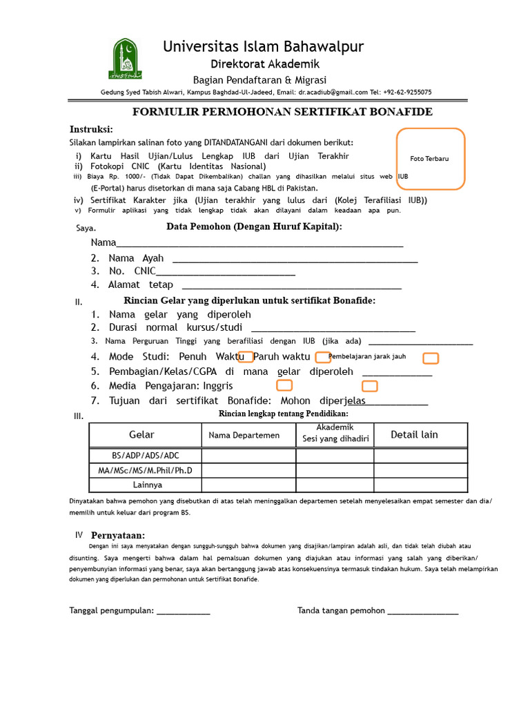 Formulir Mahasiswa Bonafide IUB Baru | PDF