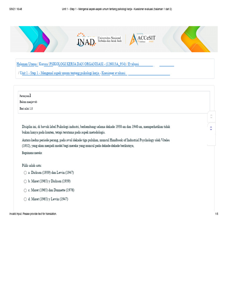 Unit 1 - Step 1 - Know General Aspects of Work Psychology - Evaluation ...