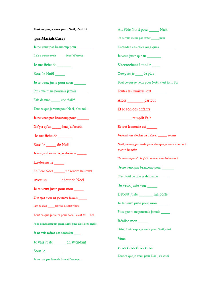 Tout Ce Que Je Veux Pour Noël, C'est Toi - Remplis Les GAPS | PDF ...