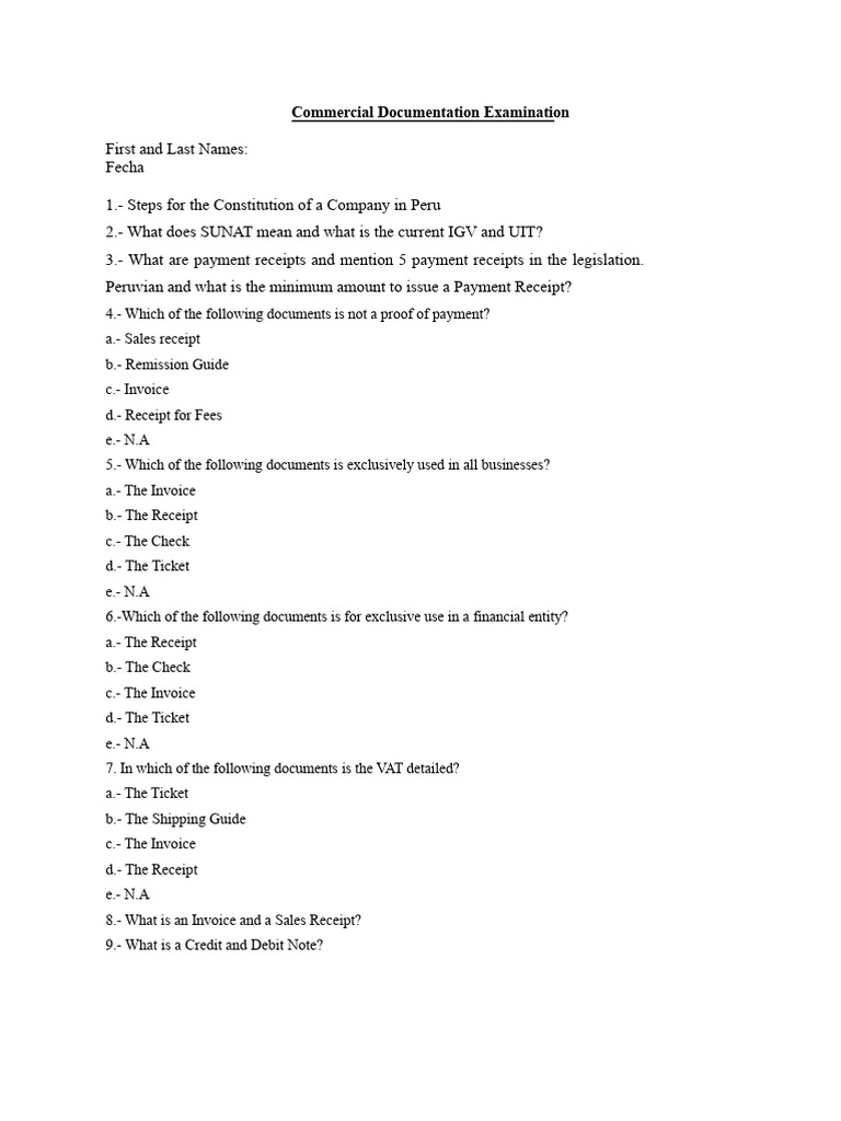 Commercial Documentation Exam | PDF | Receipt | Invoice