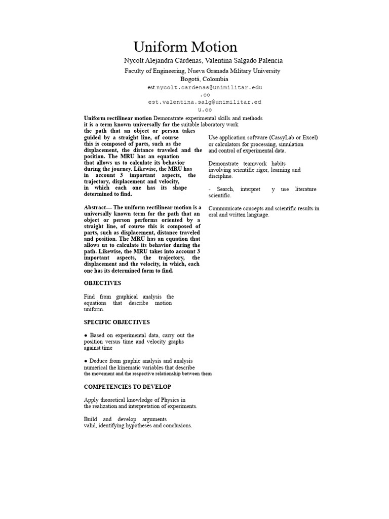 Report 4. Uniform Rectilinear Motion | PDF | Velocity | Acceleration